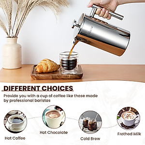 Velaze French Press Coffee Maker 34oz, Double Wall Insulated French Coffee Press Stainless Steel, 1L Coffee Maker Included 4 Extra Fliters and 1 Coffee Spoon