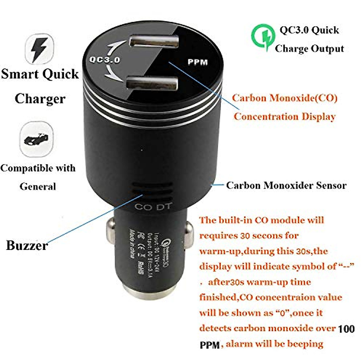 Multi-Function Car Carbon Monoxide Detector, Fast Car Charger, Quick Charge 3.0 Adapter with Dual QC3.0 USB Ports, CO Alarm Detector in Car with LCD Digital Display(Black)