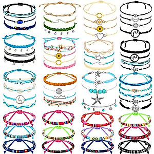 Henoyso 57 Pieces Surfer Strand Wave Braided Stretch Friendship Woven Rope, Adjustable Waterproof Handmade Wax Wrap Bracelet Anklet for Girls Women (Warm Style)