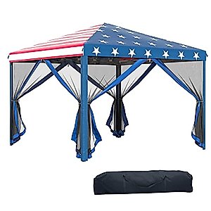 Outsunny 10' x 10' Pop Up Canopy Tent with Netting and Portable Carry Bag, Instant Sun Shelter, Tents for Parties, Height Adjustable, for Outdoor, Garden, Patio, American Flag
