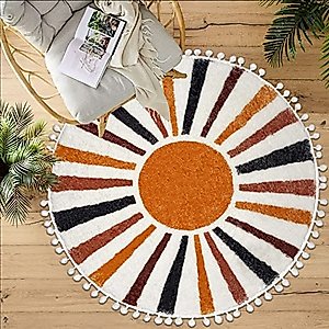 Molili Sun Boho Area Rug for Bedroom 4ft, Modern Abstract Round Nursery Rugs for Kids Room Washable Soft Circle Non-Slip Floor Rugs for Living Room Laundry Room Bathroom Home Dorm Entryway