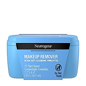 Neutrogena Makeup Remover Facial Cleansing Towelettes, Daily Face Wipes Remove Dirt, Oil, Sweat, Makeup & Waterproof Mascara, Gentle, Soap- & Alcohol-Free, 100% Plant-Based Cloth, 25 ct