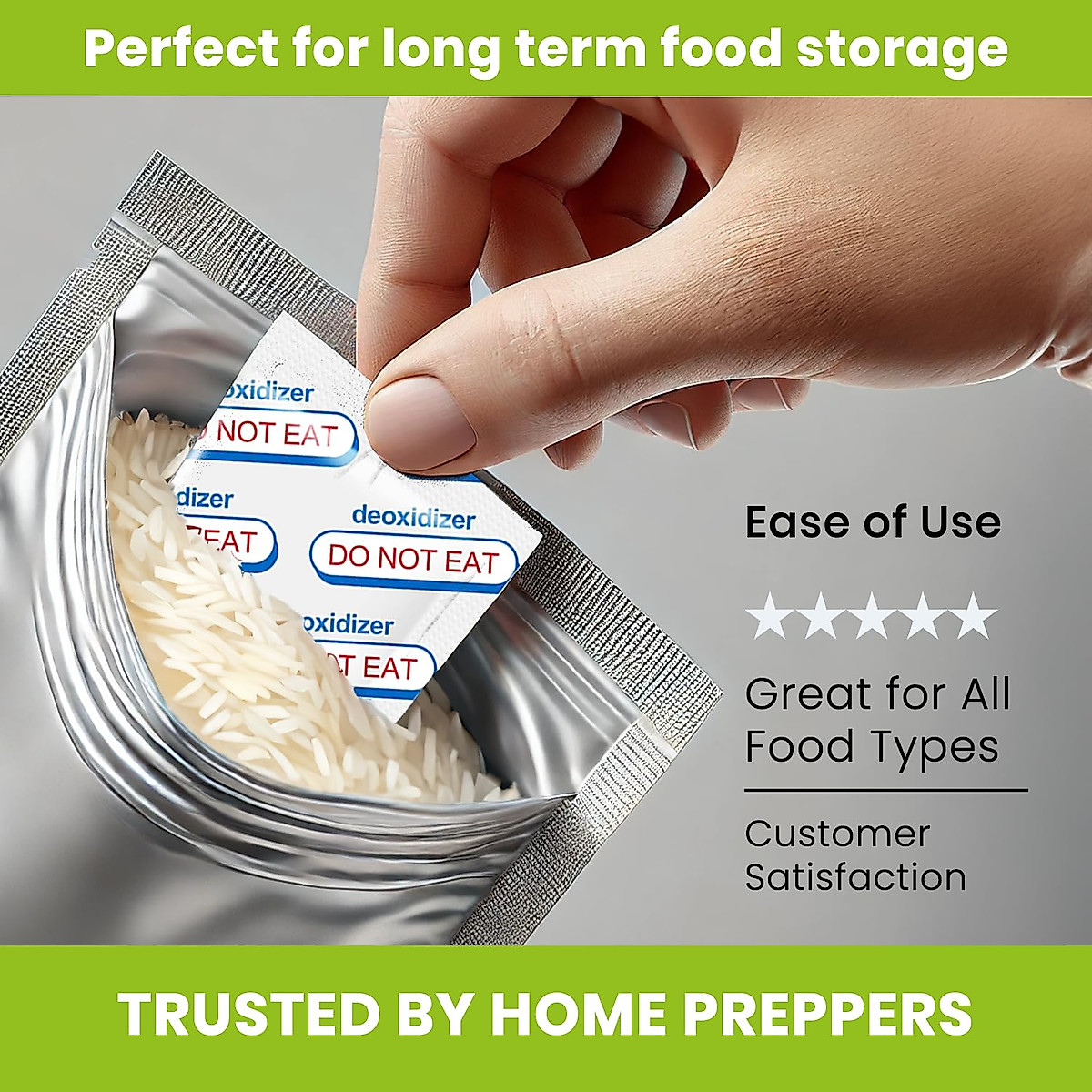 400cc Oxygen Absorbers for Food Storage 100 Pack - Sealed Packs of 10 for Freshness - Ideal for Mylar Bags, Mason Jars, and Freeze Dried Foods. Moisture Proof, Prevents Spoilage, Extends Shelf Life