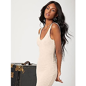 SheIn Women's Ribbed Knit Tank Bodycon Maxi Dress Basic V Neck Sleeveless Long Pencil Dresses Beige Small