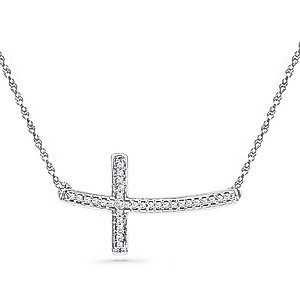 Jewels By Lux Sterling Silver Sterling Silver Womens Round Diamond Horizontal Sideways Cross Necklace 1/10 Cttw