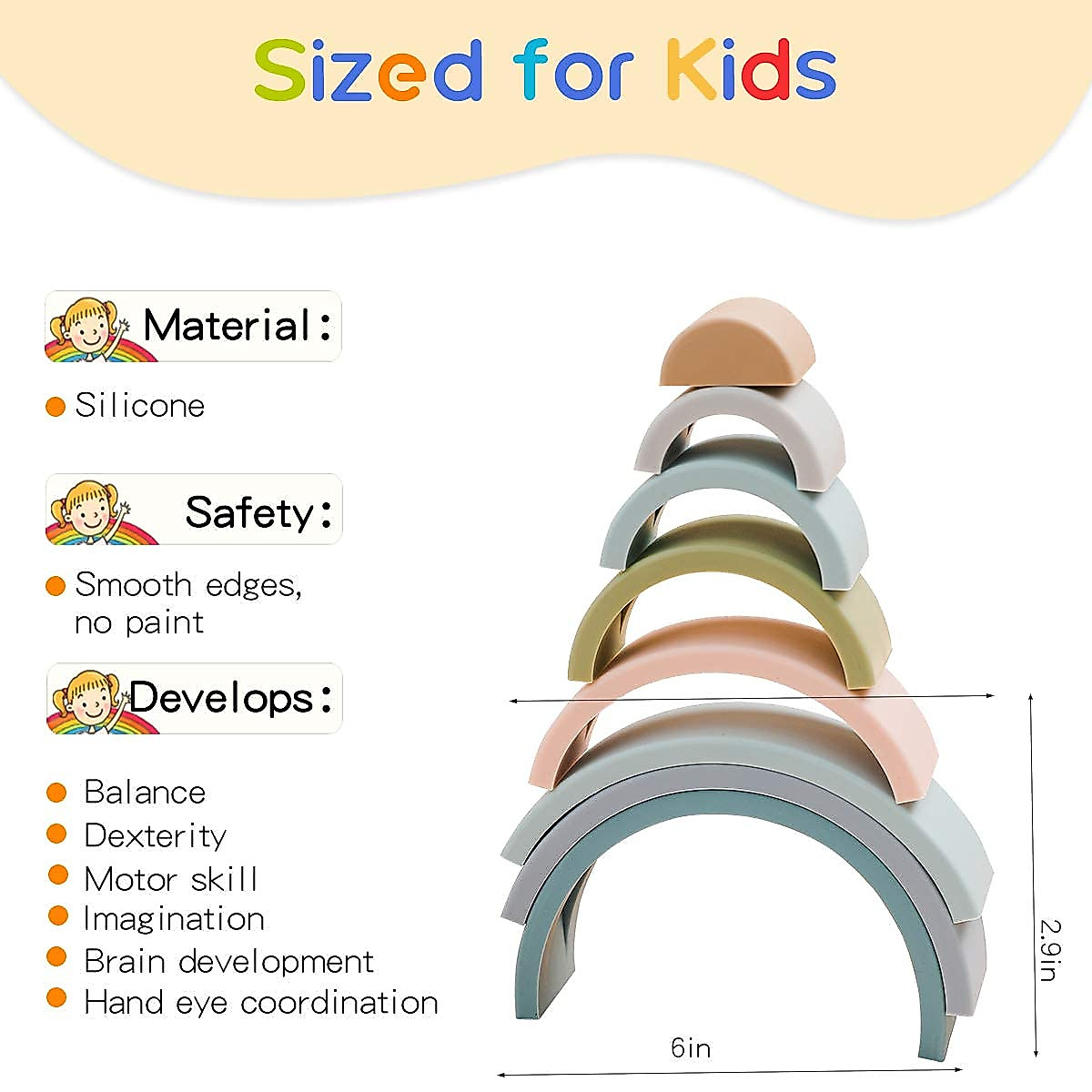 Macabaka Silicone Rainbow Stacker Nesting Puzzle Building Blocks Stacking Toys, Boho Baby Toys, 10 Pcs Educational Toys Learning Montessori Toys for Toddlers Kids, BPA-Free, Rainbow Series