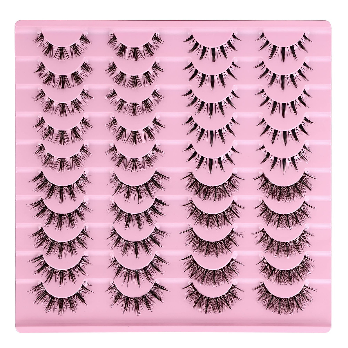 Manga Lashes Natural Look Anime False Eyelashes 20 Pairs Clear Band Individual Wispy Fake Eyelashes Strip Spiky DIY Cluster Lashes Extension C Curl Cat Eye Lashes Pack