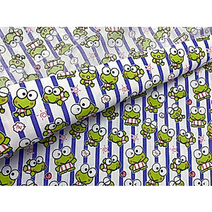 AMORNPHAN 44 Inch Green Keroro Happy Frog Cartoon Purple Stripes Printed On White Cotton Fabric Themed Pattern with Frogs for Craft Decorative Kid Patchwork Handmade Sewing Crafting for 1 Yard