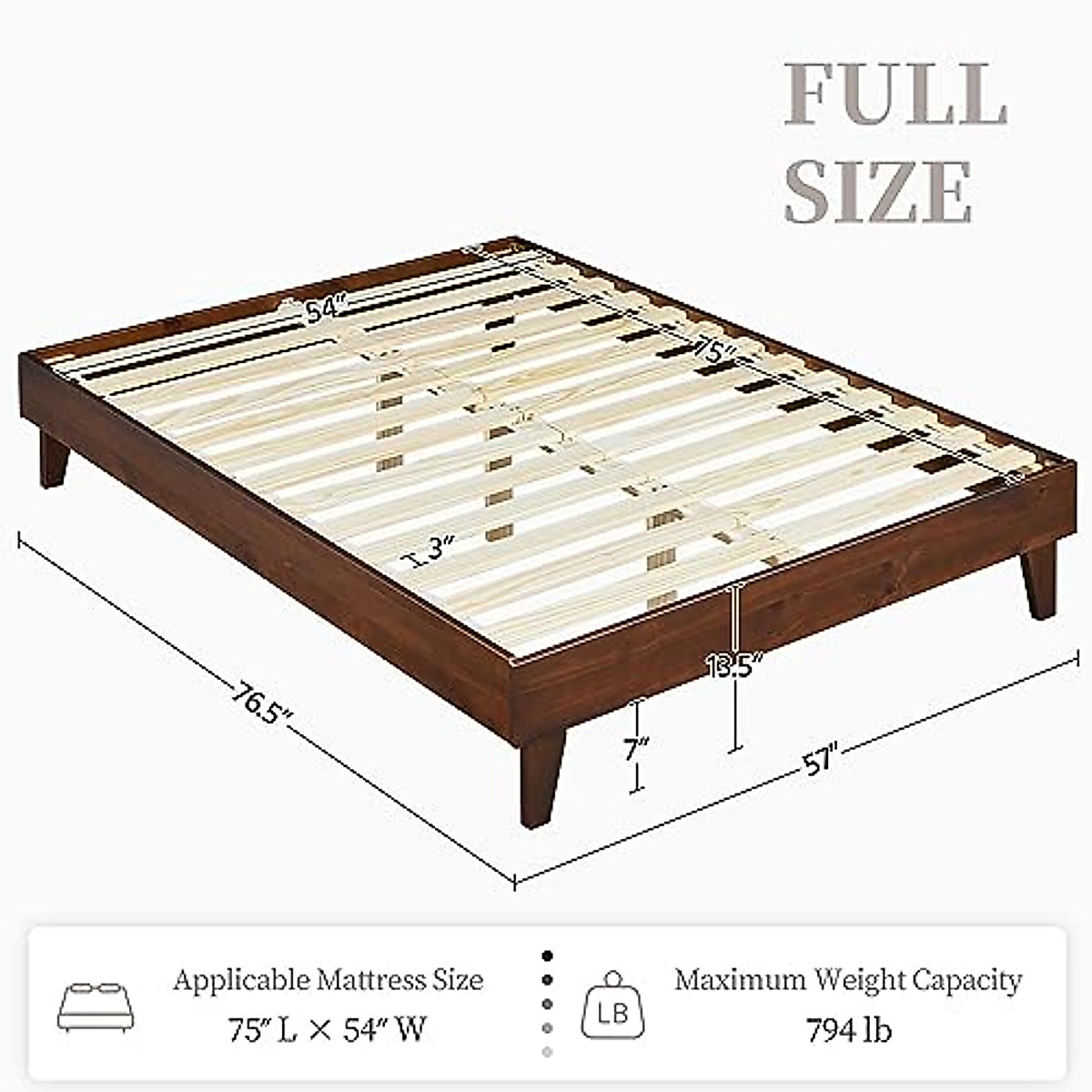 Yaheetech Full Bed Frame Deluxe Natural Solid Pine Wood Platform Bed, Reserved Holes for DIY Headboard/Wooden Slats Support/7.5″ Clearance Space/No Noise/Easy Assembly, Smoked Walnut Full Bed