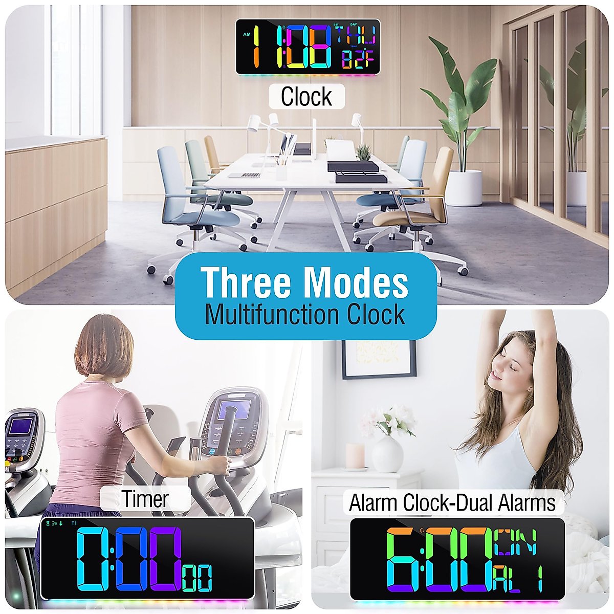 TXL Digital Wall Clock Large Display, 13.7" Large Digital Clock with Remote Control, Dual Alarm, Count Up/Down Timer, RGB Color Changing LED Wall Clock for Classroom, Bedroom, Living Room