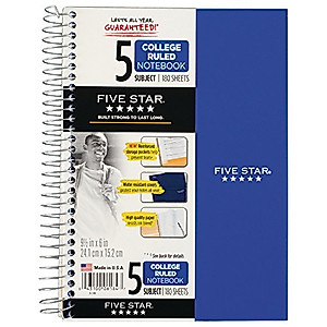Five Star Spiral Notebook, 5 Subject, College Ruled Paper, 9-1/2" x 6", Blue (73659)