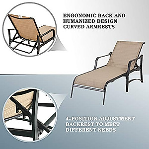 Festival Depot 3 Pc Patio Bistro Outdoor Chaise Lounge Chair Set Textilene Furniture Metal Adjustable Back Curved Armrest with Glass Desktop Coffee Side Table for Porch Yard Garden (Beige)