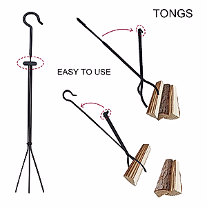 Babylon Fireplace Tools Log Rack Set with 4 Piece Tools Wrought Iron Black Fireplace Tools Firewood Holder Carrier Storage Rack with Brush Shovel Poker Tongs for Indoor Outdoor