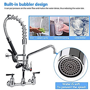 TBER Commercial Kitchen Faucet 8 Inch Center Wall Mount Sink Faucet for Restaurant Industrial 25" Height 12" Swivel Spout Pre-Rinse Sprayer Faucet for Compartment Sinks
