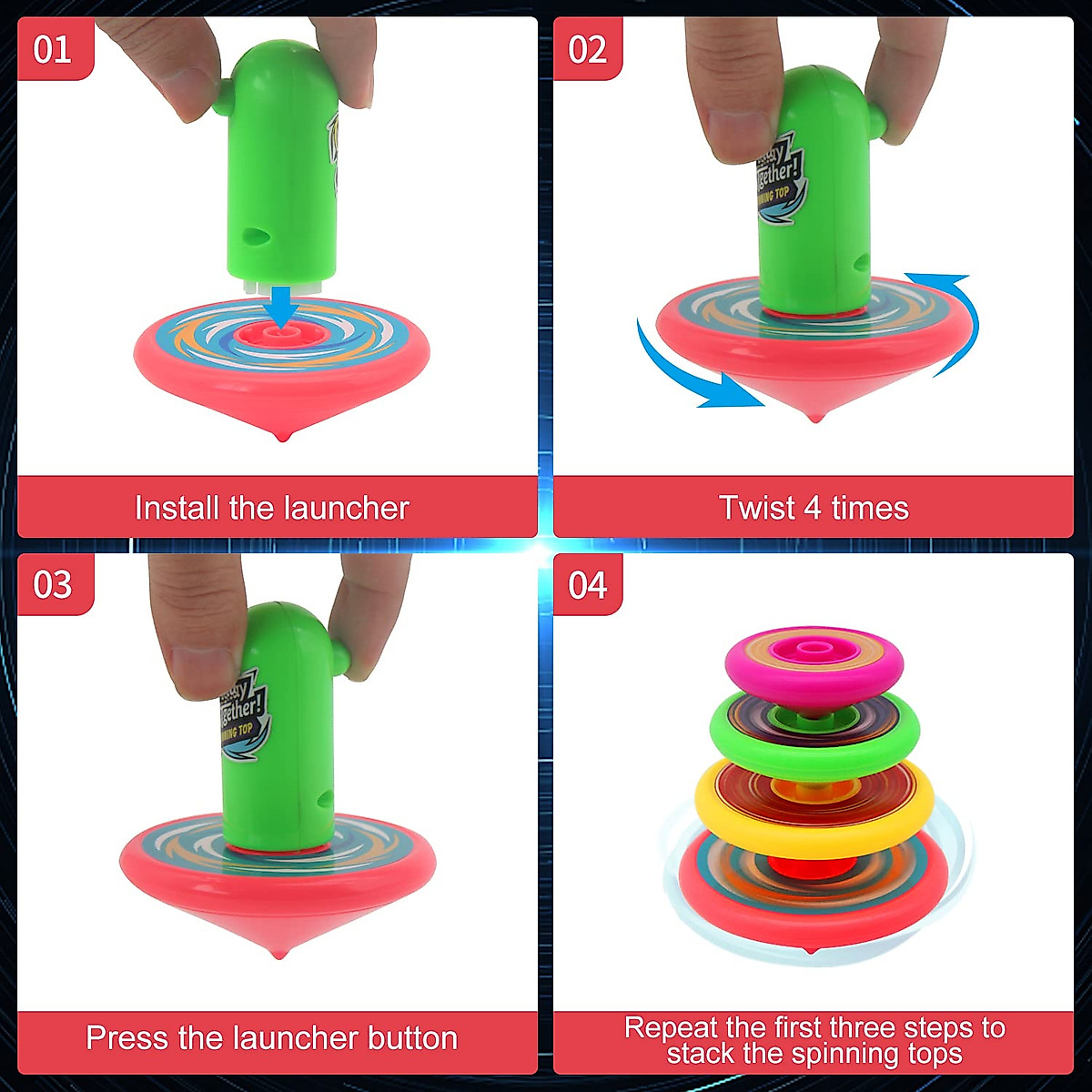 Durable Stackable Spinning Tops for Kids, Set of 4, Spin Toys, Fun Birthday Party Favors for Boys and Girls (Up 3 Years Old)