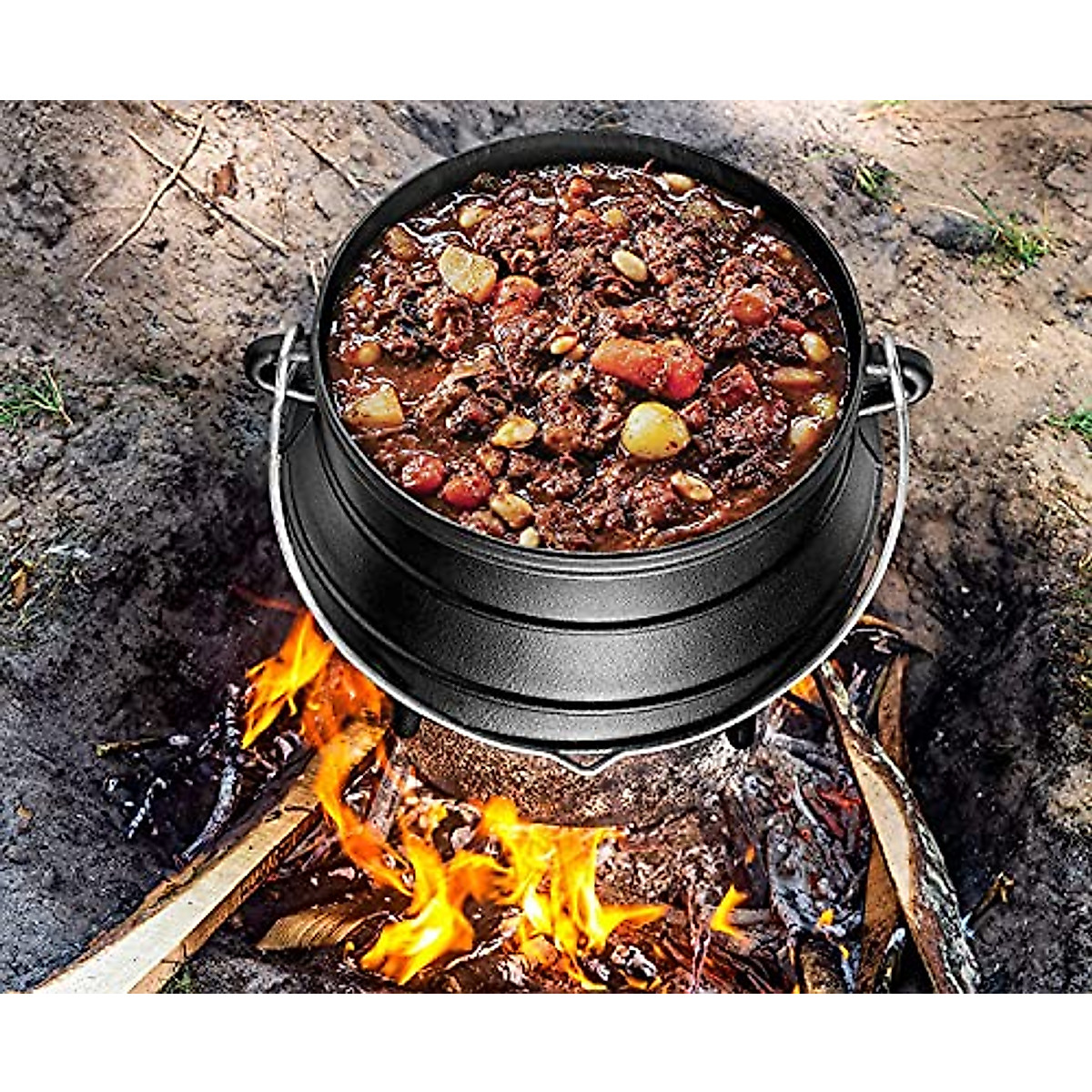 Bruntmor Pre-Seasoned Cauldron Cast Iron | 10 Quarts - African Potjie Pot with Lid | 3 Legs for Even Heat Distribution - Premium Camping Cookware for Campfire, Coals and Fireplace Cooking (Large)