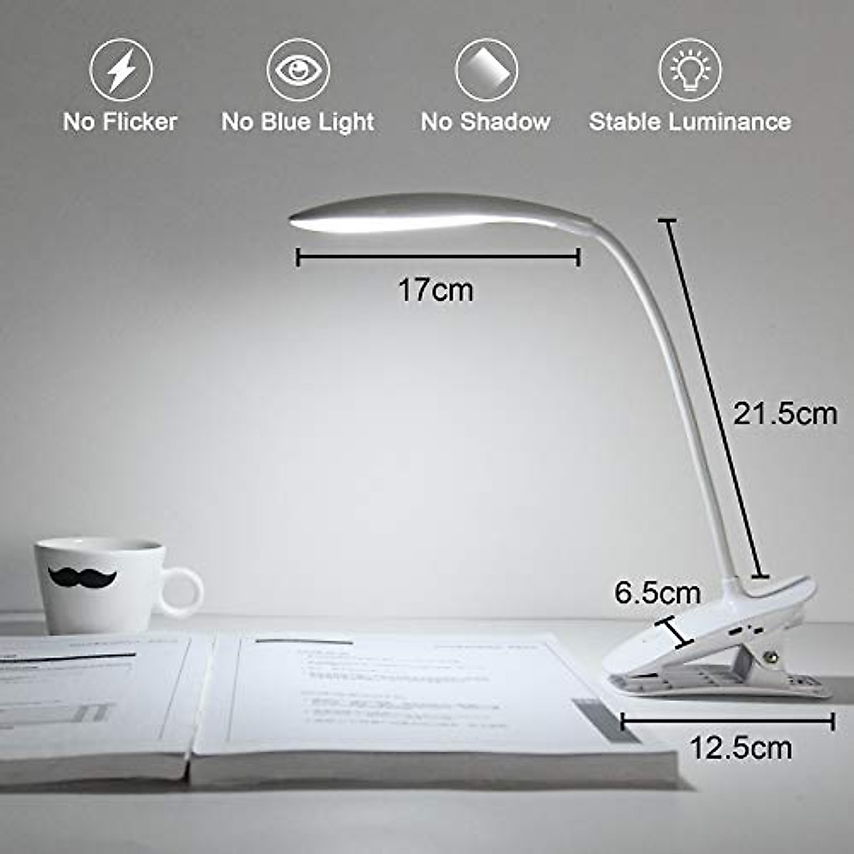 URAQT LED Desk Lamp with Clamp,LED Desk Lamp for Home Office 360° Flexible Adjustable Arm Touch Table Lamp with 3 Brightness Levels Gooseneck Desk Lamp Cordless Rechargeable Dimmable Desk Light