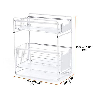 METALLIXITY Under Sink Cabinet Organizer with Sliding Drawers (14.7"x 17.1"), 2-Tier Metal Pull-Out Cabinet Organizer - Suitable for Kitchen, Bathroom, Pantry, Cabinet - White