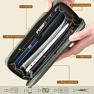 VISOUL Leather Long Zippered Pouch Wallet for Men and Women with RFID Blocking, Large Clutch Cash Long Wallet with Zipper (Olive Green)