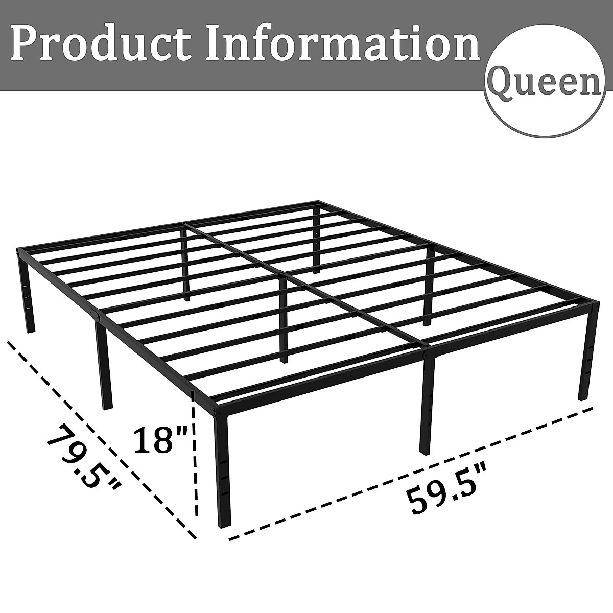 caziwhave Bed Frame Queen Size 18 Inch High Max 3500 lbs Heavy Duty Metal Mattress Foundation Platform Sturdy Steel Slat Support Queen Bed Frames No Box Spring Needed Easy to Assembly