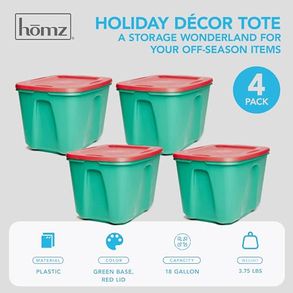 HOMZ 18 Gallon Stackable and Nestable Heavy Duty Plastic Holiday Storage Container with 4 Way Handles for Organizing, Green/Red, (4 Pack)