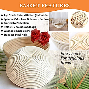 Banneton Bread Proofing Basket set-A complete Sourdough Proofing Basket kit of 9 Inch Round and 10 Inch Oval Bread Baskets with Cloth Liners Dough Scrapers Dough Whisk Bread Lame and Cleaning Brush