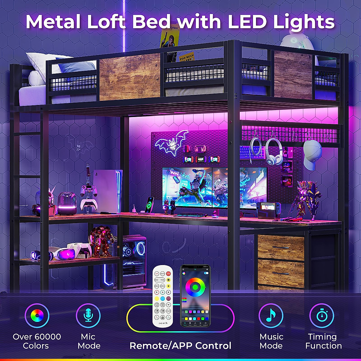 ADORNEVE Loft Bed Twin Size with L-Shaped Desk, LED Lights,Charging Station, Twin Metal Loft Bed Frame with Fabric Drawers & Shelve, 13.4" H Safety Guardrail, No Box Spring Needed, Black