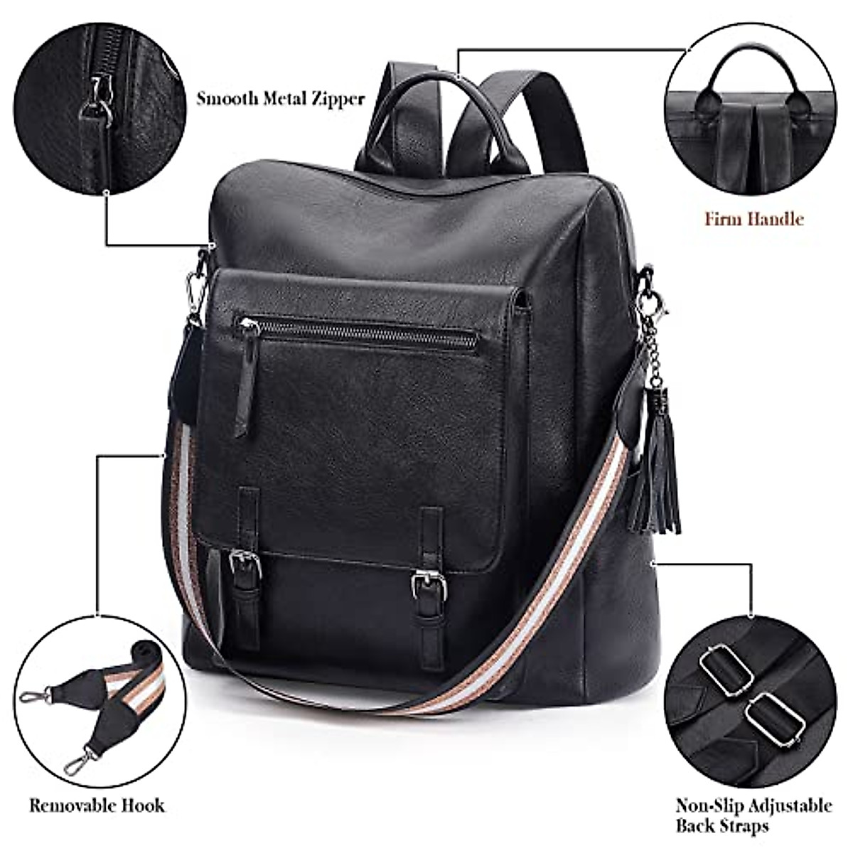 Caitina Backpack Purse for Women Leather Backpack Purse Travel Backpack Fashion Designer Ladies Shoulder Bags With Wristlets(Black)