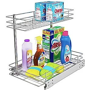 FANHAO Pull Out Cabinet Organizer, 2 Tier Wire Basket Under Sink Slide Out Storage Shelf with Sliding Drawer Storage - 10.43W x 17.32D x 14.56H, Request at Least 12 inch Cabinet Opening, Chrome