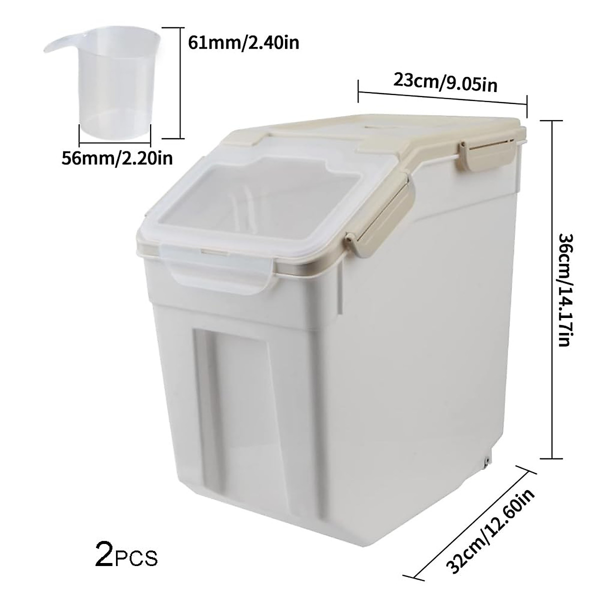 YXQ 25LB Large Flour Storage Container Bin ,2 Pack Airtight Plastic with Wheels Seal Locking Lid Dispenser Organizer Storage Bin with Measuring Cup & Scoop for Flour, Rice, Grain 50LBS Total