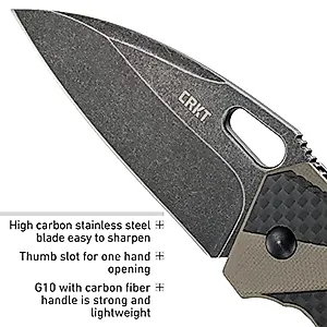 CRKT Heron EDC Pocket Knife: Everyday Carry Utility Folder, Stonewash Wharncliffe Blade with Frame Lock, Thumb Hole Open, Black Stonewash Finish, Tan G10 and Black Carbon Fiber Handle 2440