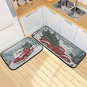 Pfrewn Red Truck with Chrismas Trees Kitchen Rug and Mat Set of 2 Snowy Poetic Winter Snowflakes Anti Fatigue Farmhouse Runner Rugs Floor Mats for Christmas Xmas Holiday Kitchen Laundry Home Decor