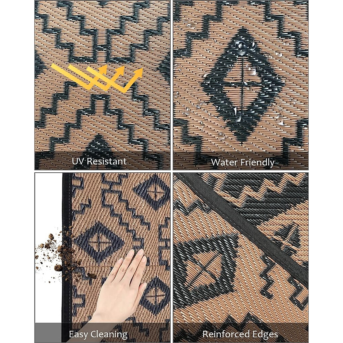Outdoor Rugs - Reversible Mats, 5'x8' Plastic Straw Rug for Patio Clearance Waterproof, Indoor Outdoor Area Rug Carpet for Outside, RV, Deck, Picnic, Beach, Trailer, Camping(Black & Brown)