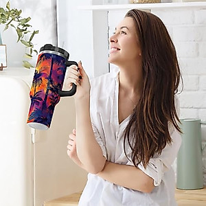 Selerdon 40 oz Tumbler Coconut Trees Tropical Print with Handle and Straw Lid Vacuum Stainless Steel Insulated Water Bottle Travel Mug Car Cup Holder Friendly BPA Free for Gym Travel Office