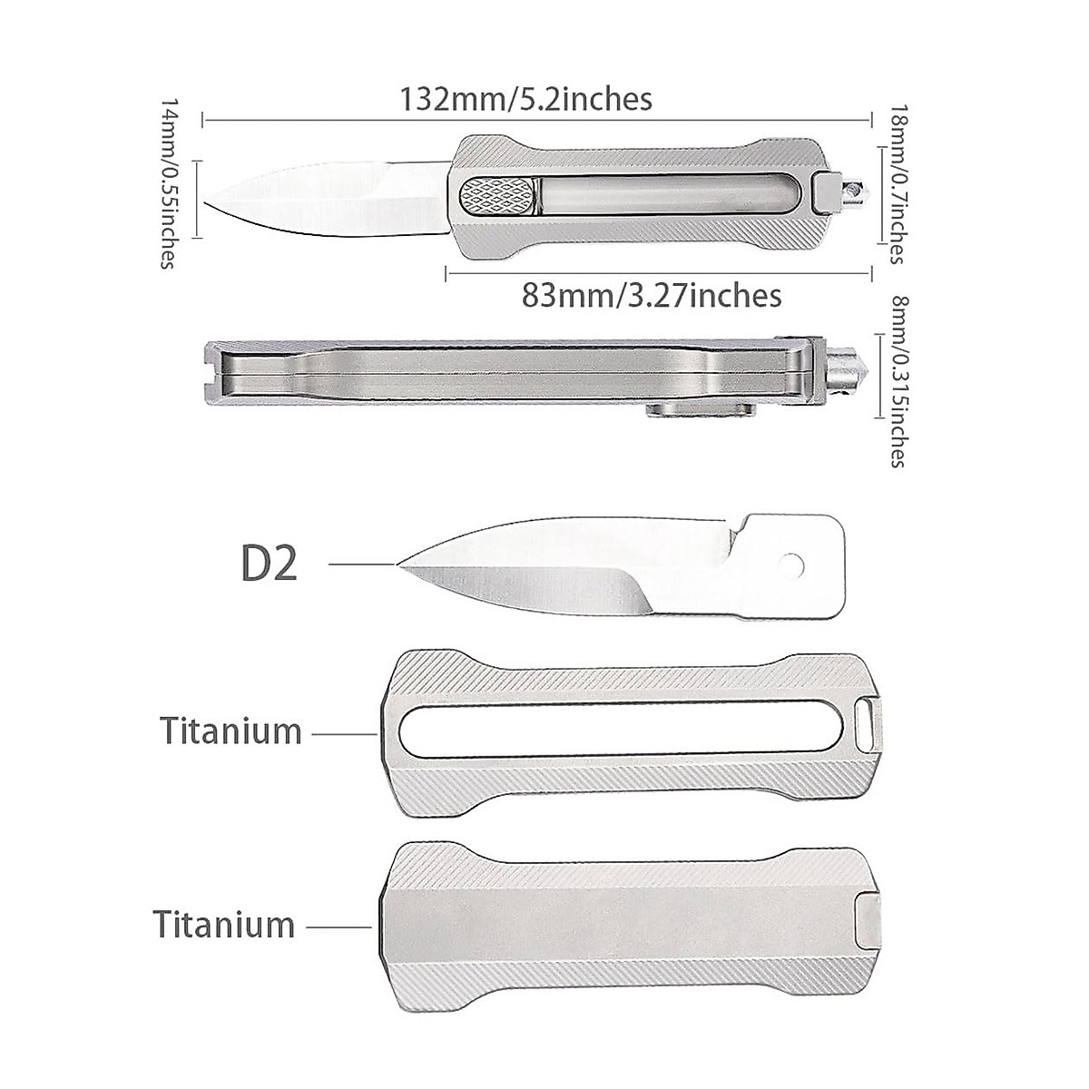 Tenchilon T33 Compact Retractable EDC Utility Box Cutter Pocket Knife, 1.9 inches D2 Spear Point Blades, 3.3 inches TC4 Titanium Handles