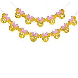 Minnie Mouse Pink And Gold Inspired Happy Birthday Banner, Minnie Birthday Party Decorations for Girls Birthday Themed Party Decoration