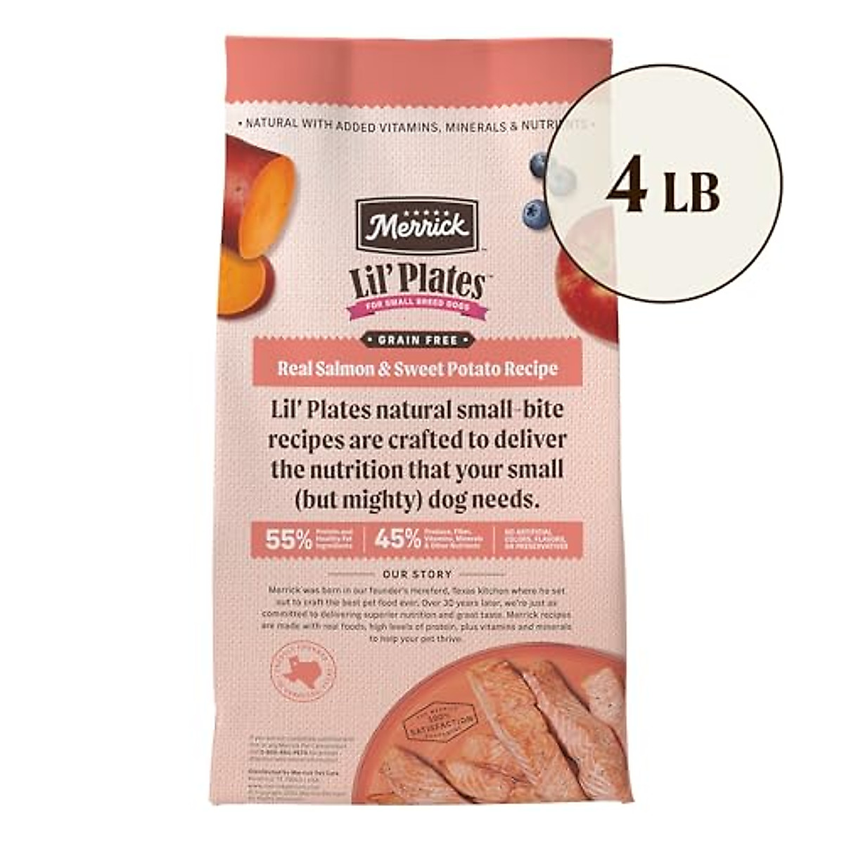 Merrick Lil’ Plates Premium Grain Free Dry Dog Food for Small Dogs, Real Salmon and Sweet Potato Kibble - 4.0 lb. Bag