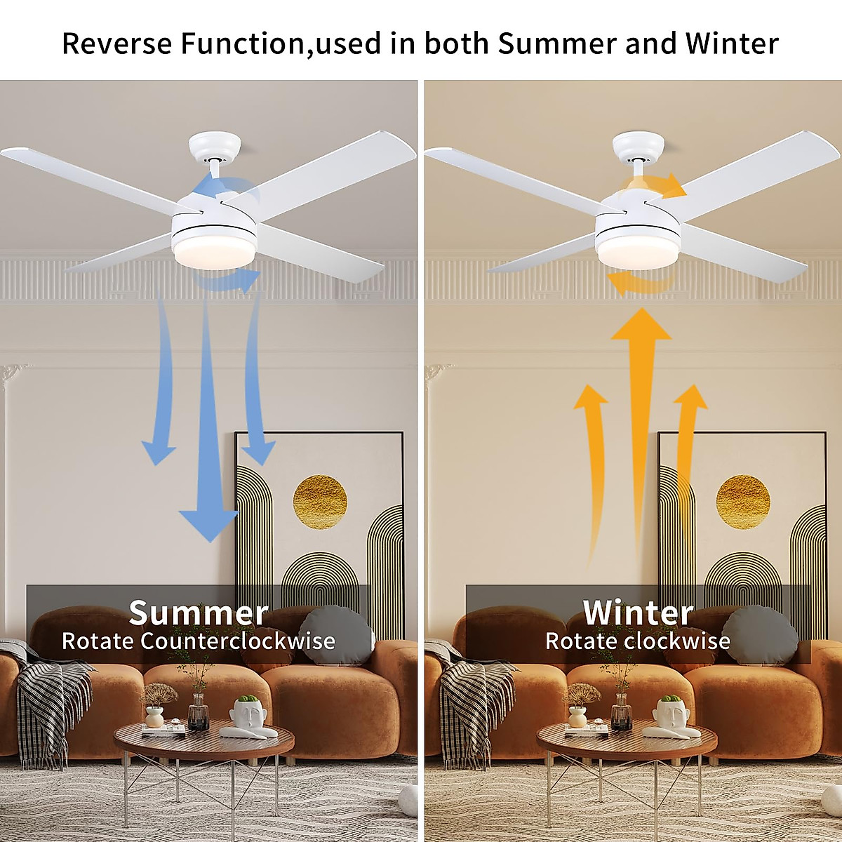 CJOY Ceiling Fans with Lights, 52 inch Ceiling Fan with Light and Remote, LED Dimmable, Modern Ceiling Fan Reversible Two-color 4 Blades, 3 Speeds Quiet, Outdoor Ceiling Fan for Patios/Bedroom Indoor