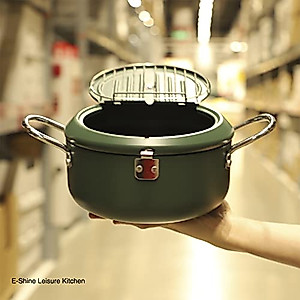 Deep Fryer Pot by E-Shine Leisure Kitchenware, Japanese Style Tempura Deep Fryer with Fahrenheit Thermometer, Small and Easy Clean, Vintage Green, DIAM. 9.5”