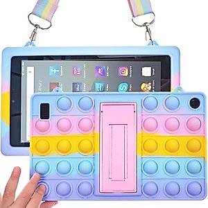 LUSTAM Dimple Pop it Case for Kindle Fire Tablet 7, Fidget Poppers Pop its Poppet Shockproof Kids Friendly Cover with Foldable Kickstand Shoulder Strap for Amazon Fire 7 Tablet 2019/2017/2015 Release