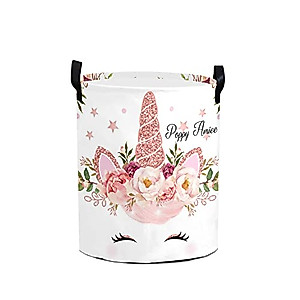 Rose Unicorn Floral Watercolor Star Personalized Laundry Basket Clothes Hamper with Handles Waterproof,Custom Collapsible Laundry Storage Baskets for Bedroom,Bathroom Decorative Large Capacity