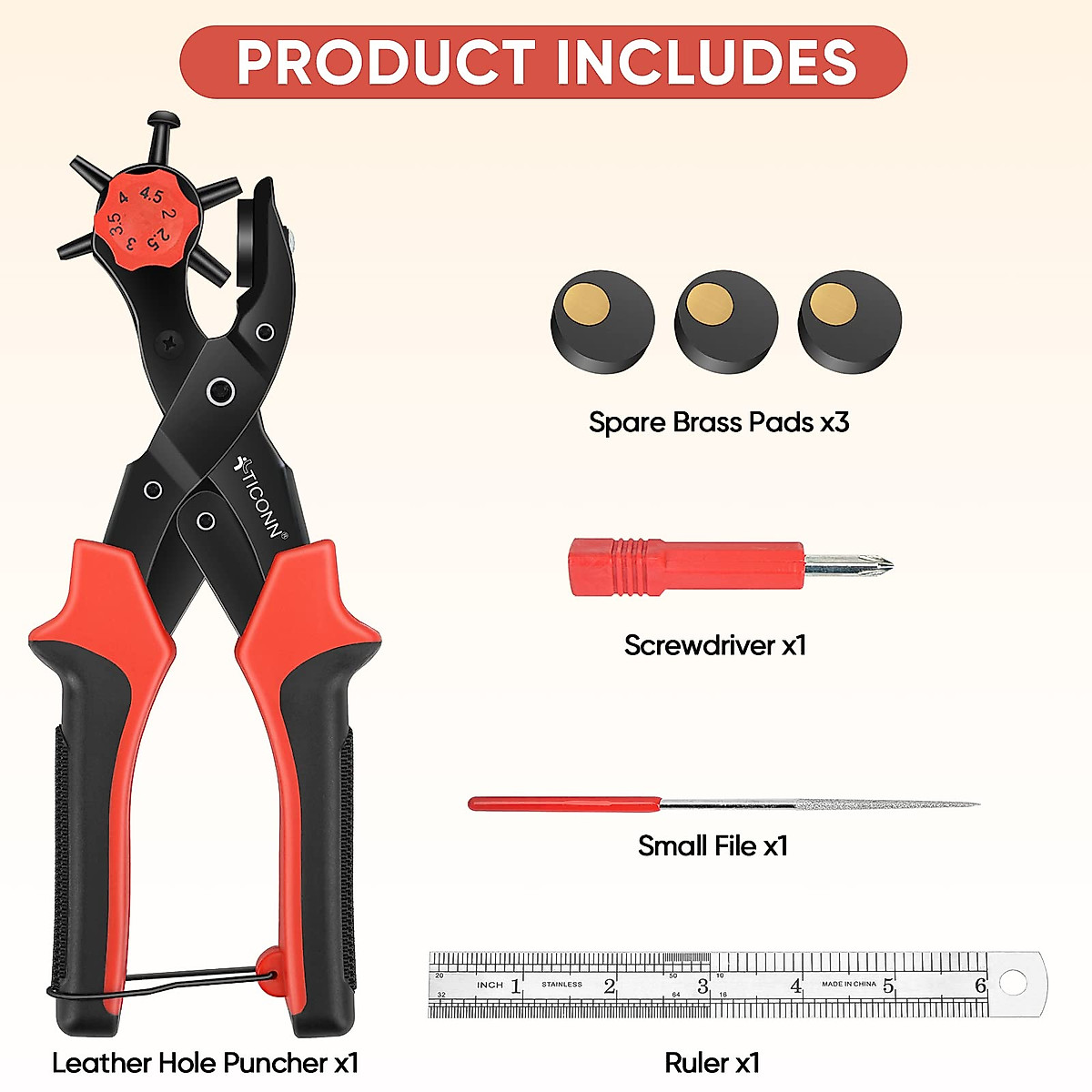 TICONN Leather Hole Punch Tool Set, Heavy Duty Multi-Size Hole Puncher Tool for Belts, Watch Bands, Plastic, Fabric
