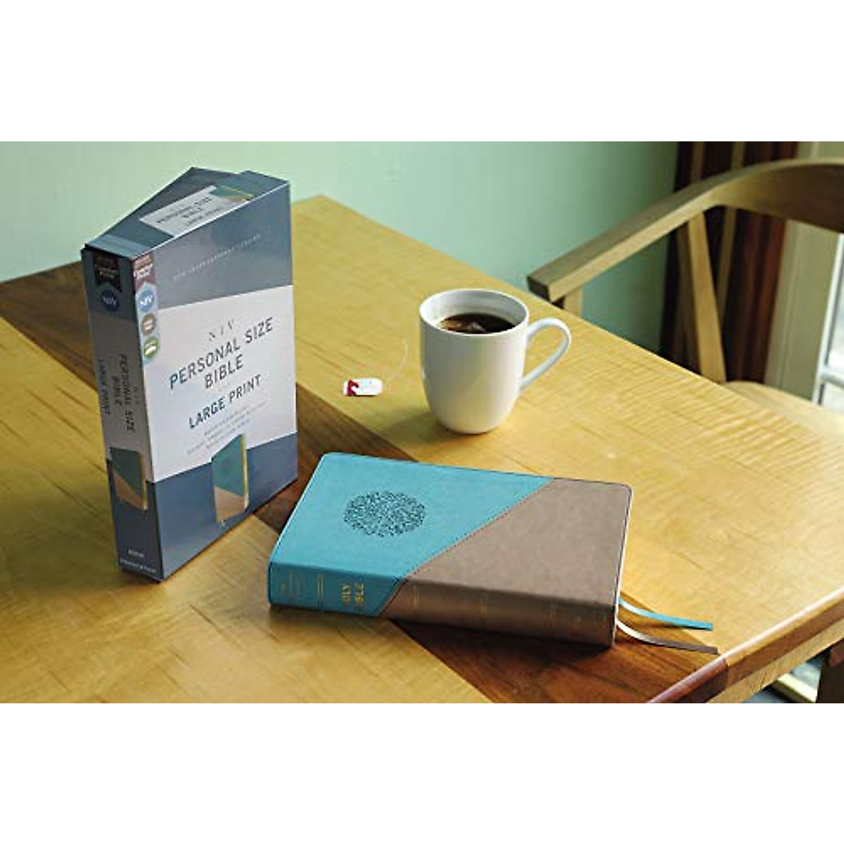 NIV, Personal Size Bible, Large Print, Leathersoft, Teal/Gold, Red Letter, Comfort Print