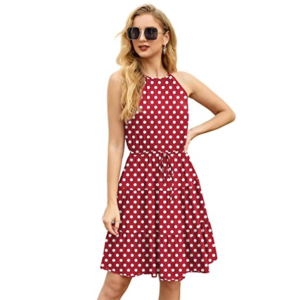 GRECERELLE Women 2023 Summer Halter Neck Dresses Sleeveless Casual Polka Dot Print Short Boho Ruffle Sundress(Medium, PD Wine Red)