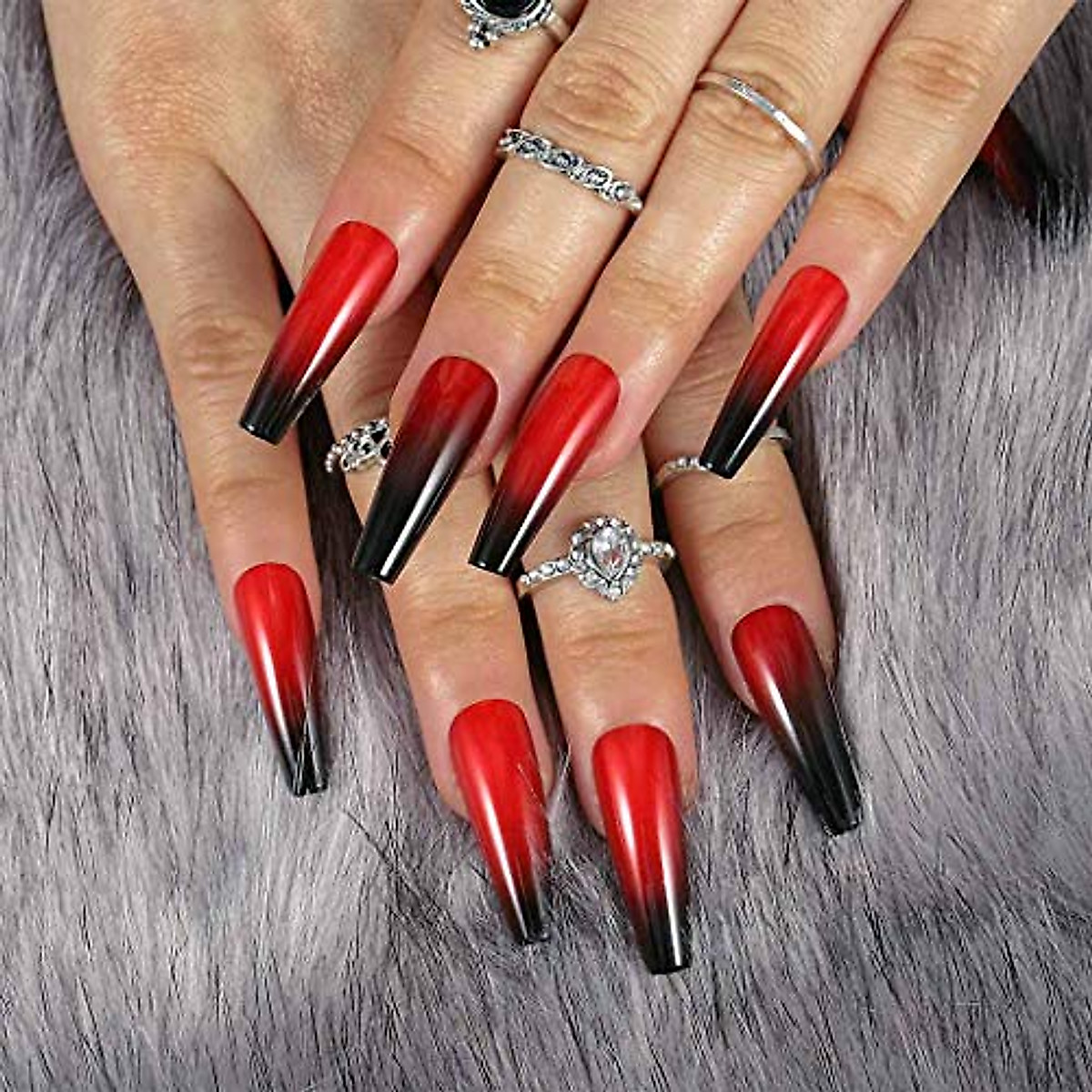 Uranian Coffin Press on Nails Long Black Fake Nails with Designs Ombre Glossy False Nails Full Cover French Tip Nails Halloween Acrylic Nails for Women and Girls (24pcs)