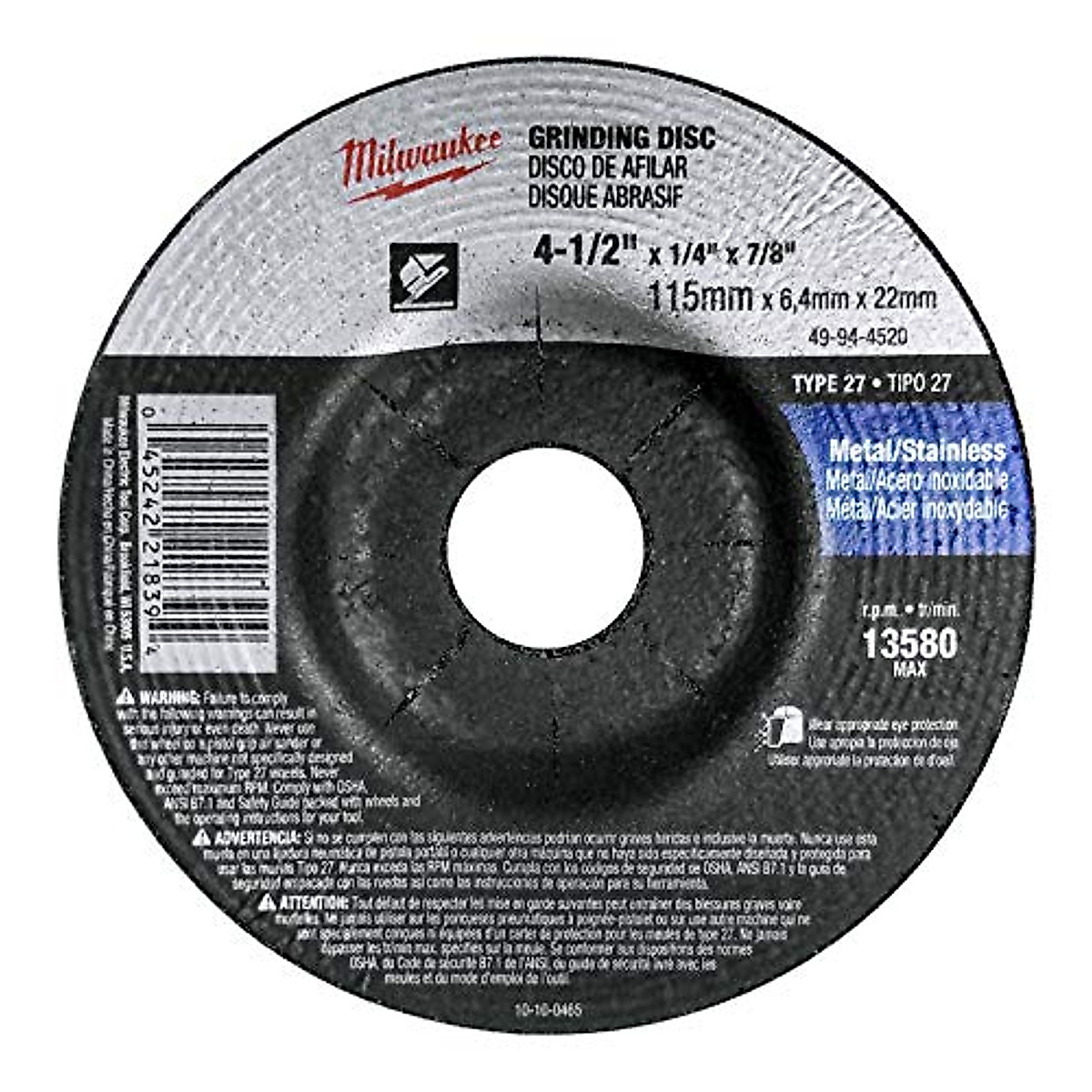 Milwaukee 5 Pack - 4 1 2 Grinding Wheel For Grinders - Aggressive Grinding For Metal & Stainless Steel - 4-1/2" x 1/4 x 7/8-Inch | Depressed