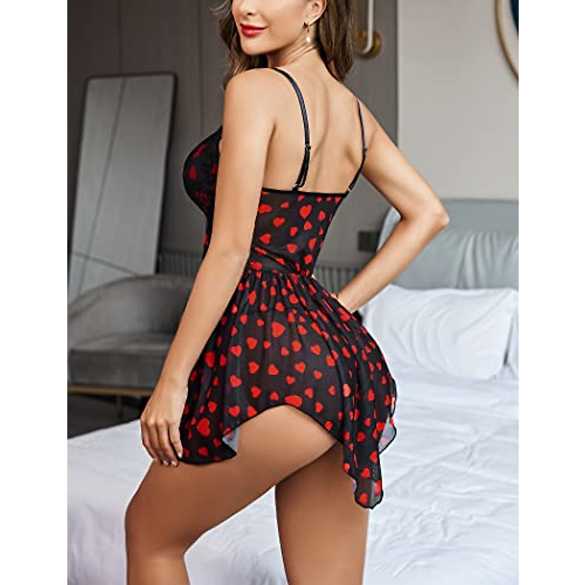 Avidlove Sexy Lingerie for Women Lace Babydoll V Neck Sexy Sleepwear Strap Chemise Nightwear Dress (Heart Print,M)