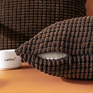 CaliTime Pack of 2 Comfy Throw Pillow Covers Cases for Couch Sofa Bed Decoration Comfortable Supersoft Corduroy Corn Striped Both Sides 18 X 18 Inches Coffee