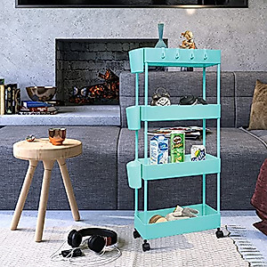 OVAKIA 4-Tier Slim Rolling Utility Cart Storage Shelves Trolley Storage Organizer Shelving Rack with Mesh Baskets/Wheel Casters for Laundry Pantry Bathroom Kitchen Office Narrow Places(Teal)