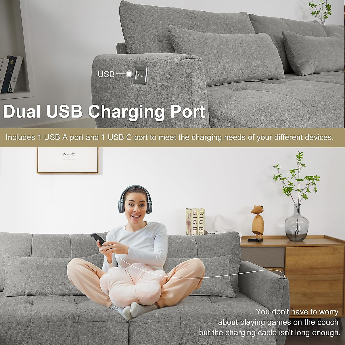 LUMISOL 113.3" Convertible Sectional Sofa with Ottoman, 3 Seat L Shaped Sofa Couch with Lumbar Pillows, Comfy Chenille Sofa Upholstered for Living Room, Apartment, Office